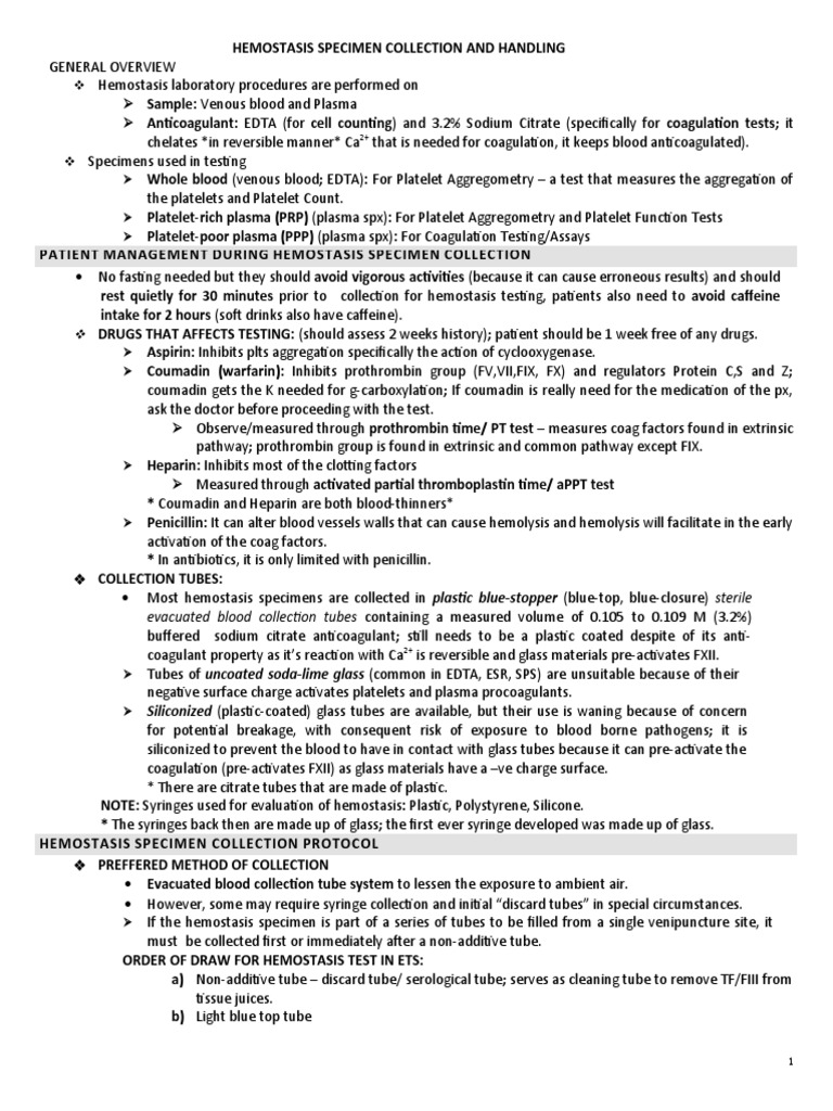 Hemostasis Specimen Collection and Handling | PDF | Coagulation | Platelet