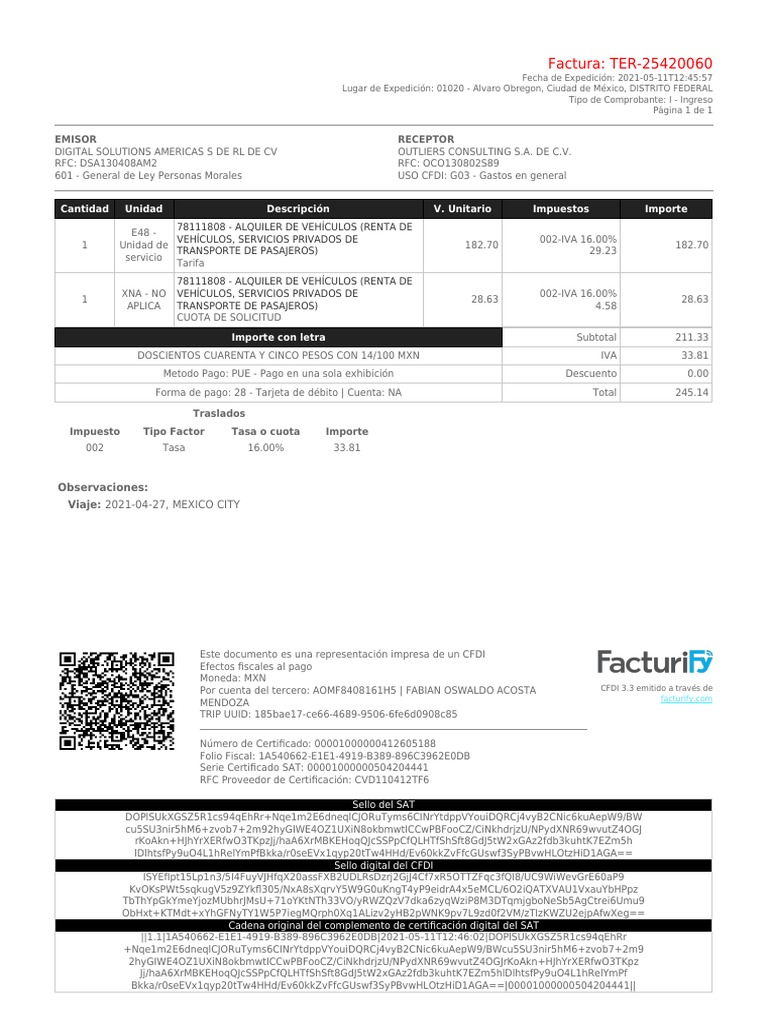 Factura: TER-25420060: Emisor Receptor | PDF | Pagos | Economias