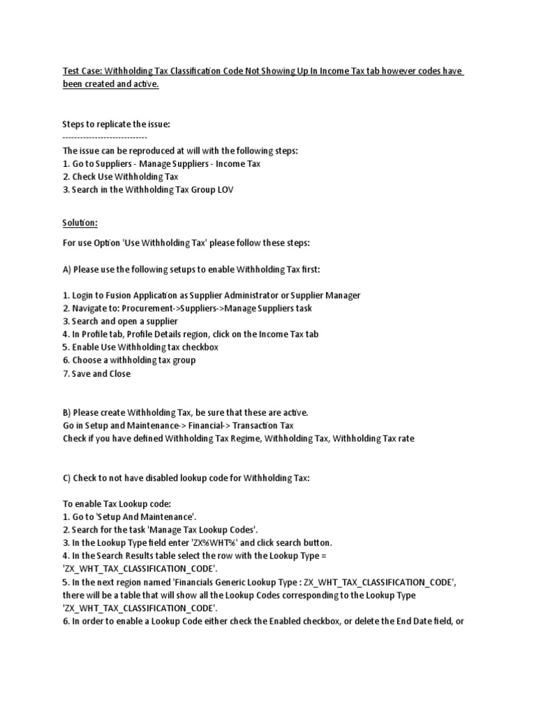 Test Case Withholding Tax Classification Code Not Showing Up In Income Tax Tab However Codes