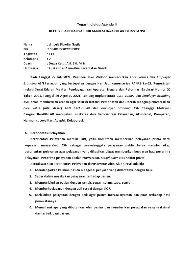 Dr. Lela - Tugas Individu Agenda II Refleksi Aktualisasi BerAkhlak Di Tempat Kerja | PDF | Ilmu ...