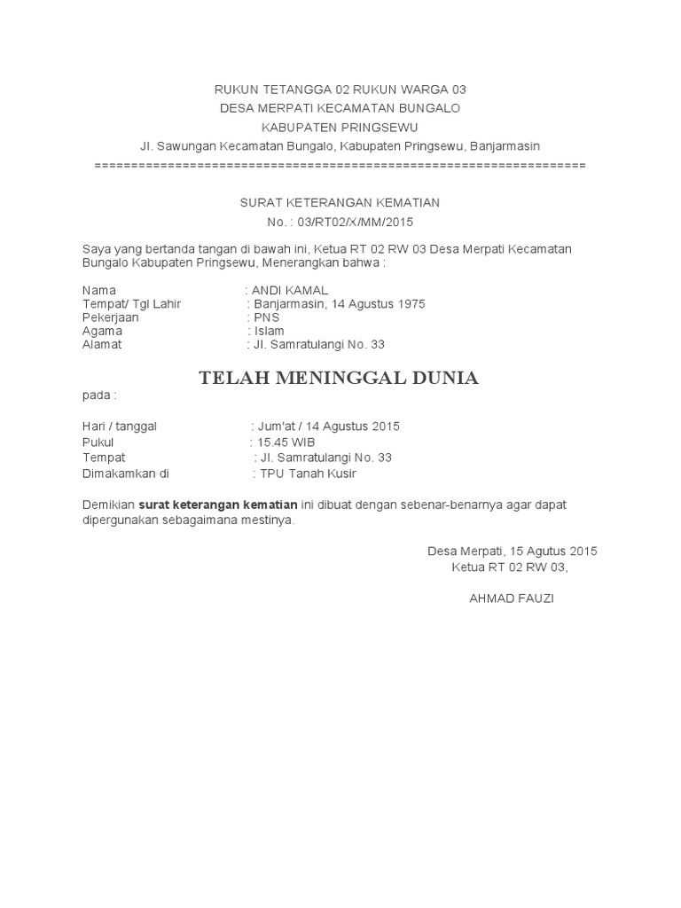 Contoh Surat Keterangan Kematian | PDF