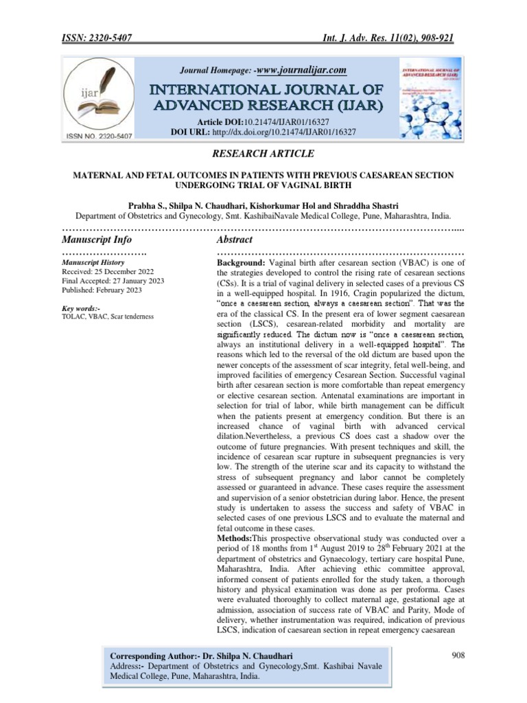 Maternal and Fetal Outcomes in Patients With Previous Caesarean Section ...