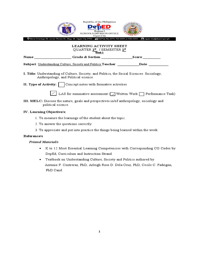 SHS-Q1-UCSP-Week 1-SA | PDF | Idea | Grammar SHS-Q1-UCSP-Week 1-SA | PDF | Idea | Grammar