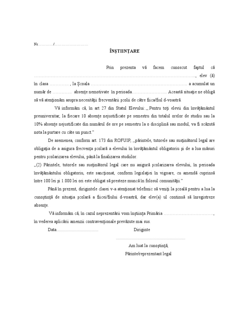 Model Instiintare Nr. Absente | PDF