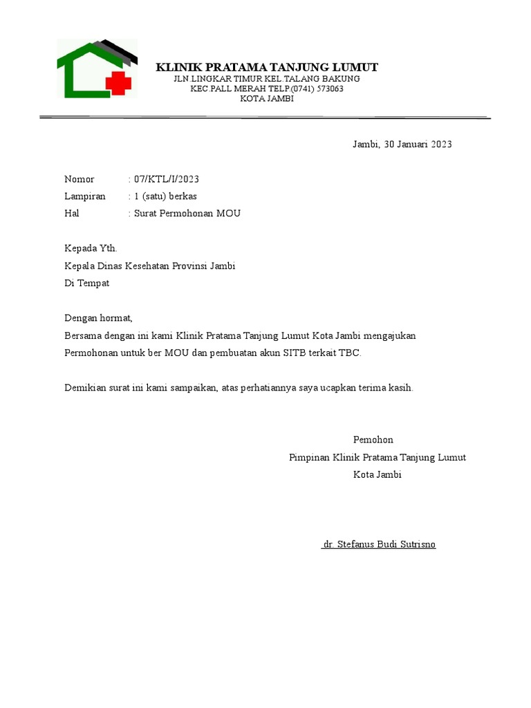 Surat Permohonan MOU TBC DINKES | PDF