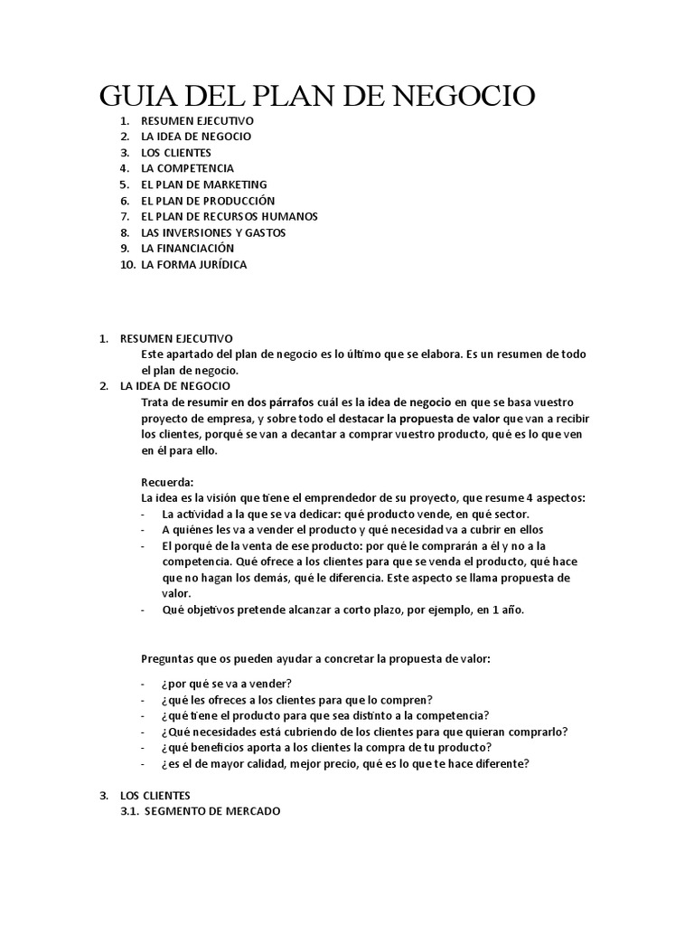 Guia Del Plan de Negocio | PDF | Marketing | Producto (Negocio)