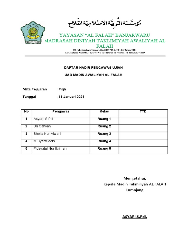 Daftar Hadir Pengawas Ujian | PDF