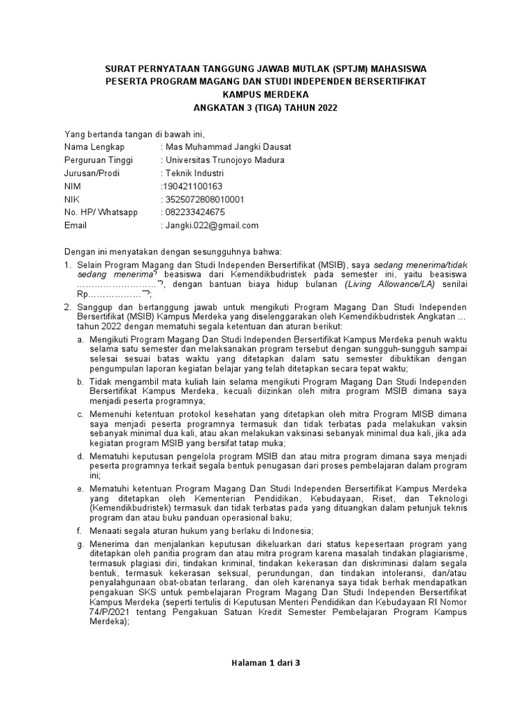 1.1 (Format) SPTJM Mahasiswa MSIB Angkatan 3 Jangki | PDF