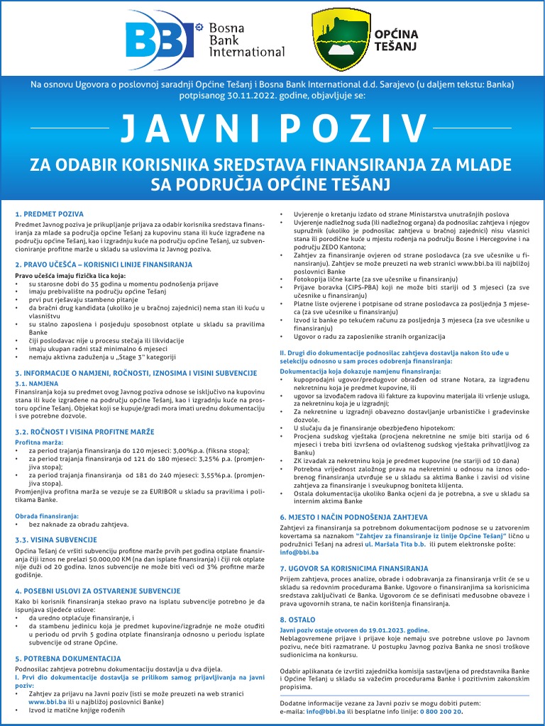 Bbi Tešanj Javni Poziv 2022 PDF | PDF