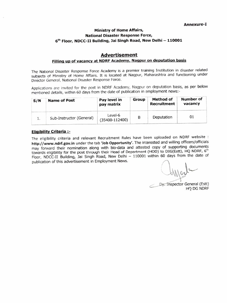 NDRF Academy Nagpur Vacancy Notice | PDF