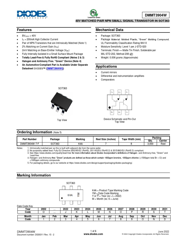 DMMT3904W: 40V Matched Pair NPN Small Signal Transistor in Sot363 | PDF | Electrostatic ...