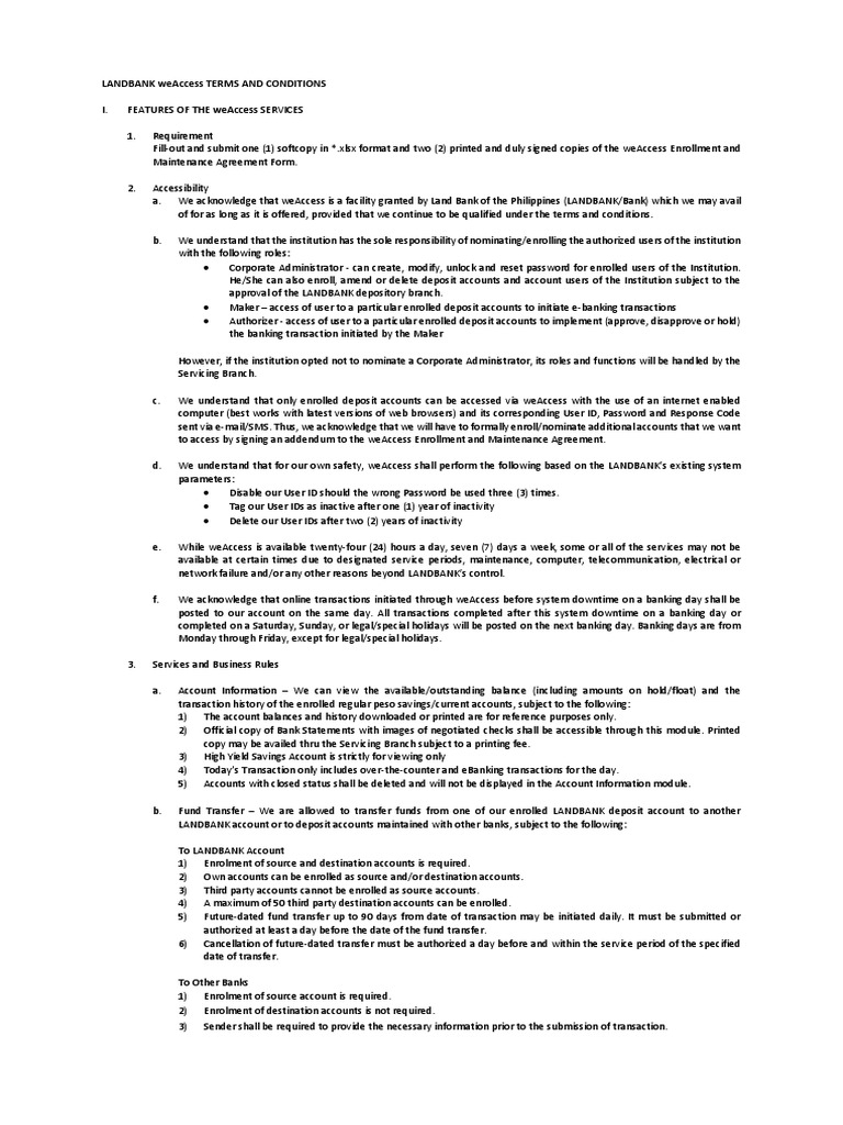 LANDBANK WeAccess Terms and Conditions 2022 | PDF | Debit Card | Banks