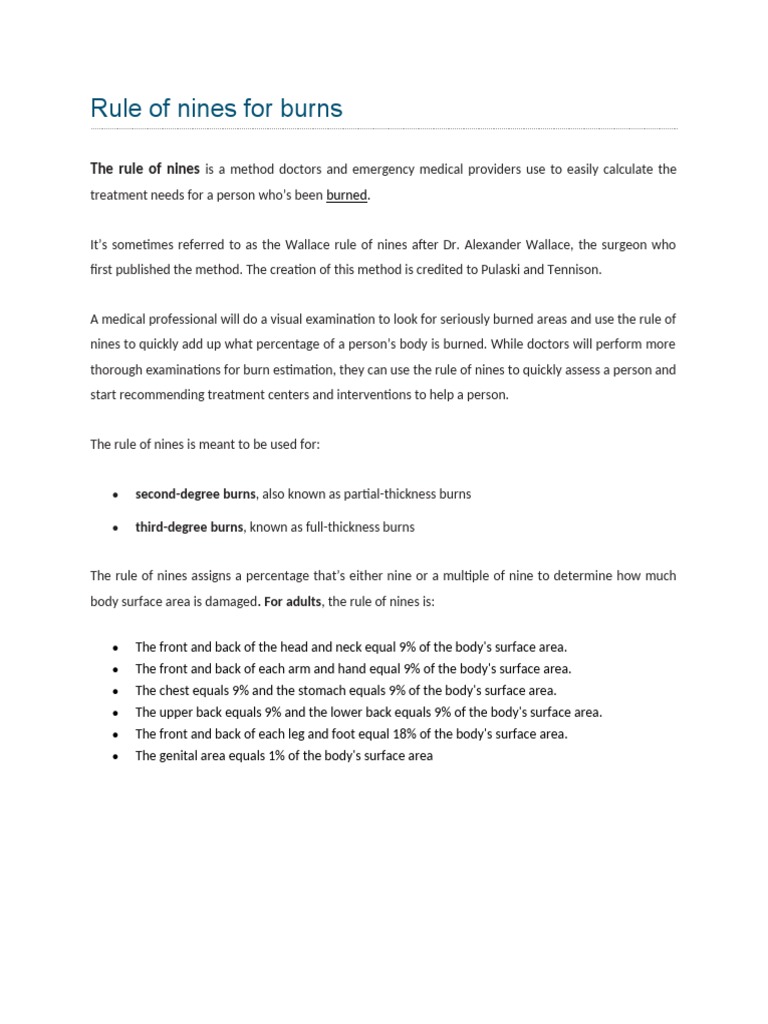 Rule of Nines for Burn Assessment | PDF