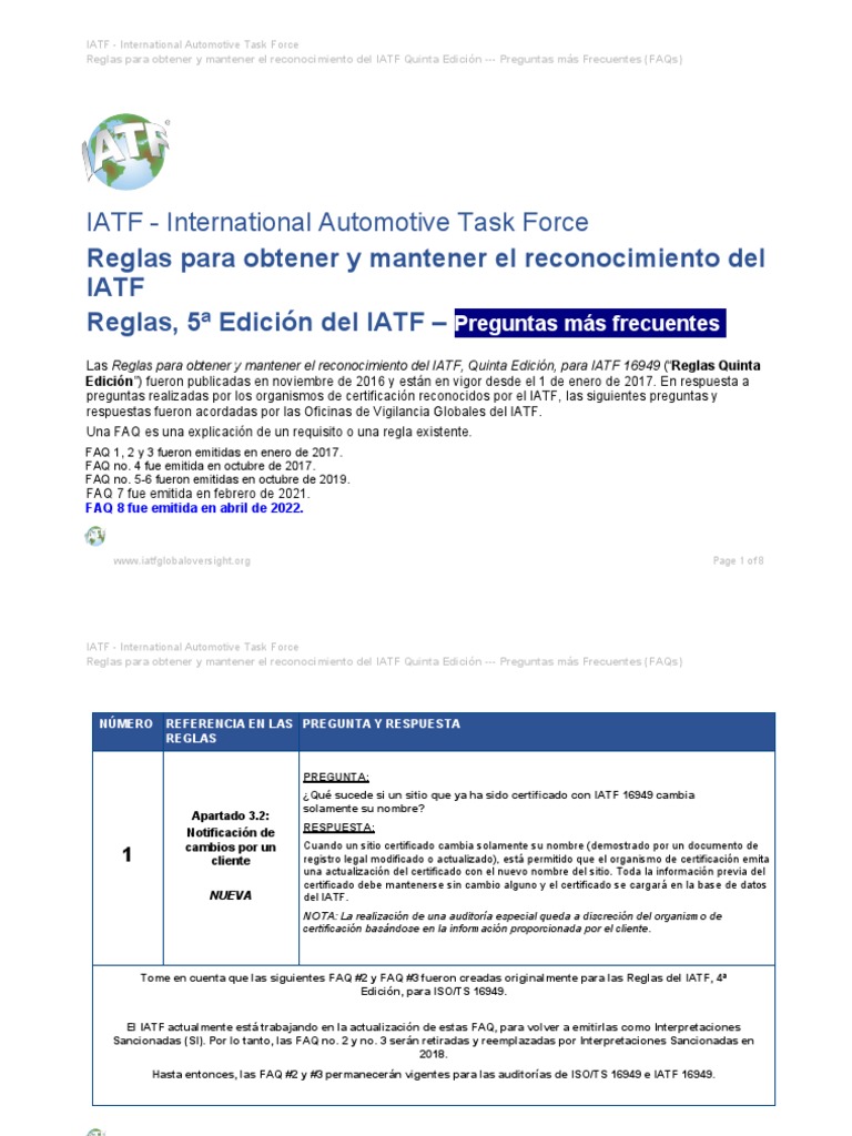 IATF Rules 5th Edition - FAQs Approved April 2022 - SP PDF | PDF ...