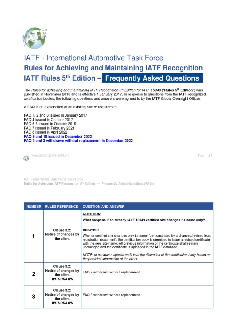 IATF Rules 5th Edition - FAQs Dec 2022 PDF | PDF | Audit | Quality Management System