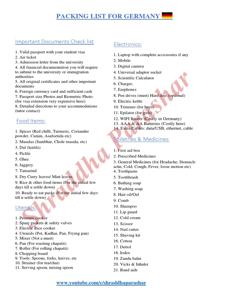 Germany Packing List for Students | PDF | Baggage