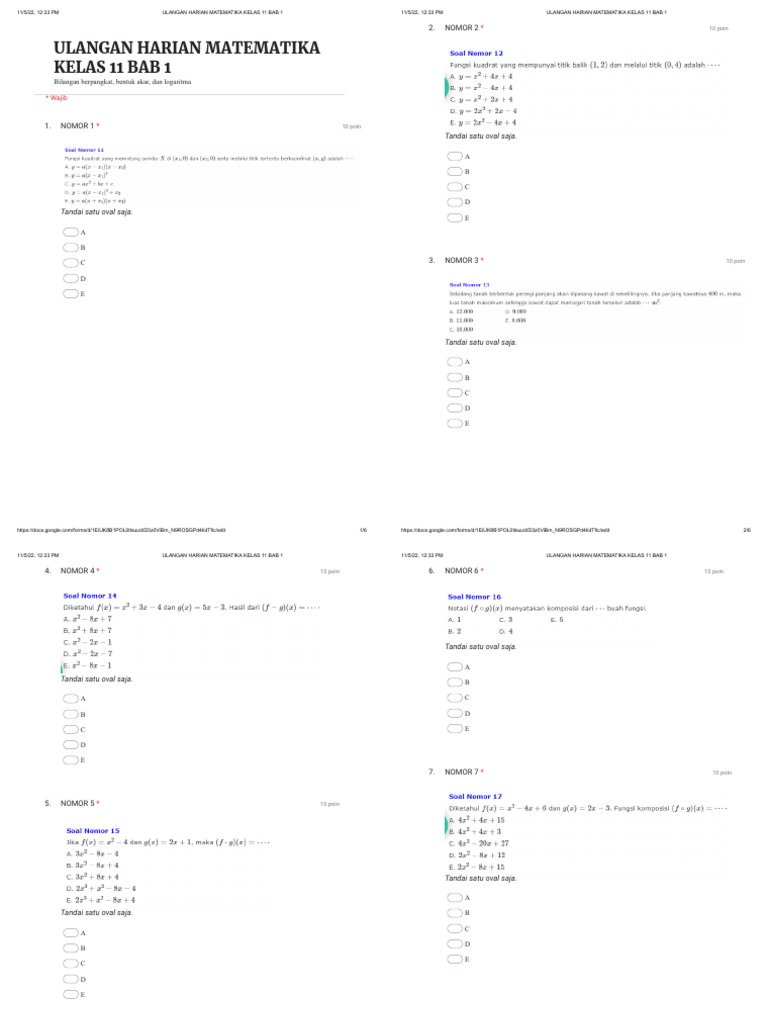 Ulangan Harian Matematika Kelas 11 Bab 1 Subbab 2 Google Formulir Pdf