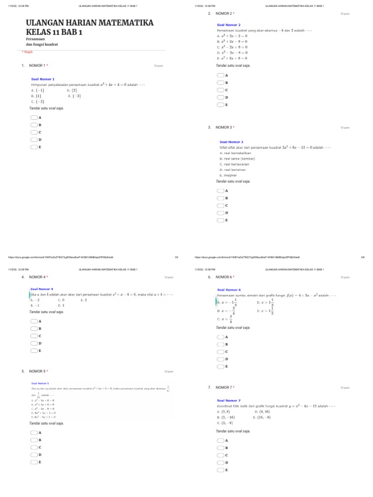 ULANGAN HARIAN MATEMATIKA KELAS 11 BAB 1 SUBBAB 1 - Google Formulir PDF | PDF