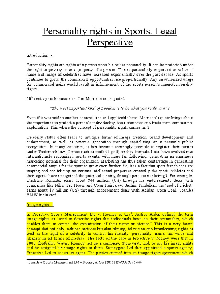 Personality Rights in Sports | PDF | Personality Rights | Right To Privacy