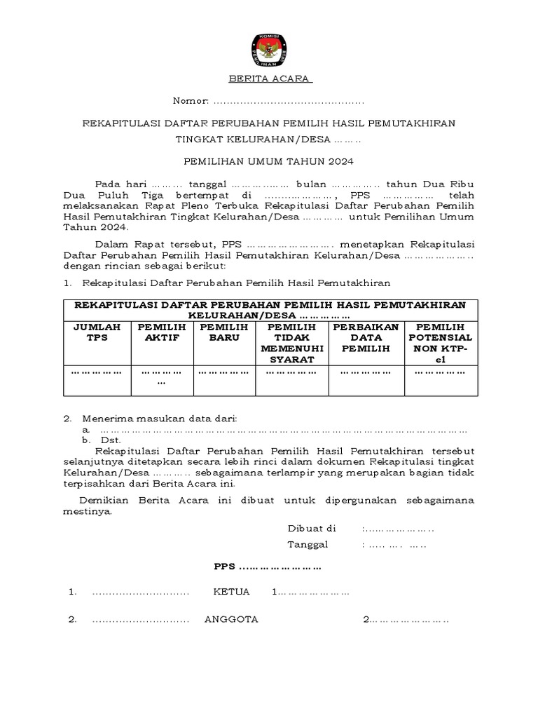 4.berita Acara Rekapitulasi Daftar Perubahan Pemilih Hasil Pemutakhiran | PDF