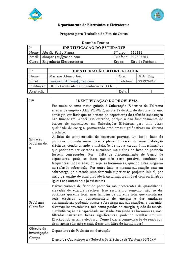 Proposta para TFC (Actualizado) de Abraão Panga | PDF | Engenharia de ...