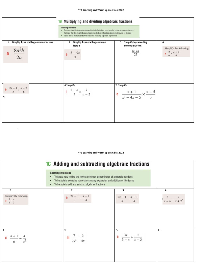 Yr. 9 Learning and Warm Up Exercises-2 | PDF | Factorization | Computational Science