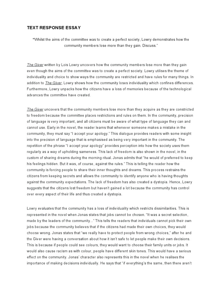 Text Response Essay. Shreya | PDF | The Giver | Cognition