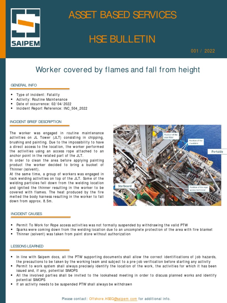 HSE Bulletin 001 - 2022 - Worker Covered by Flames and Fall From Height ...