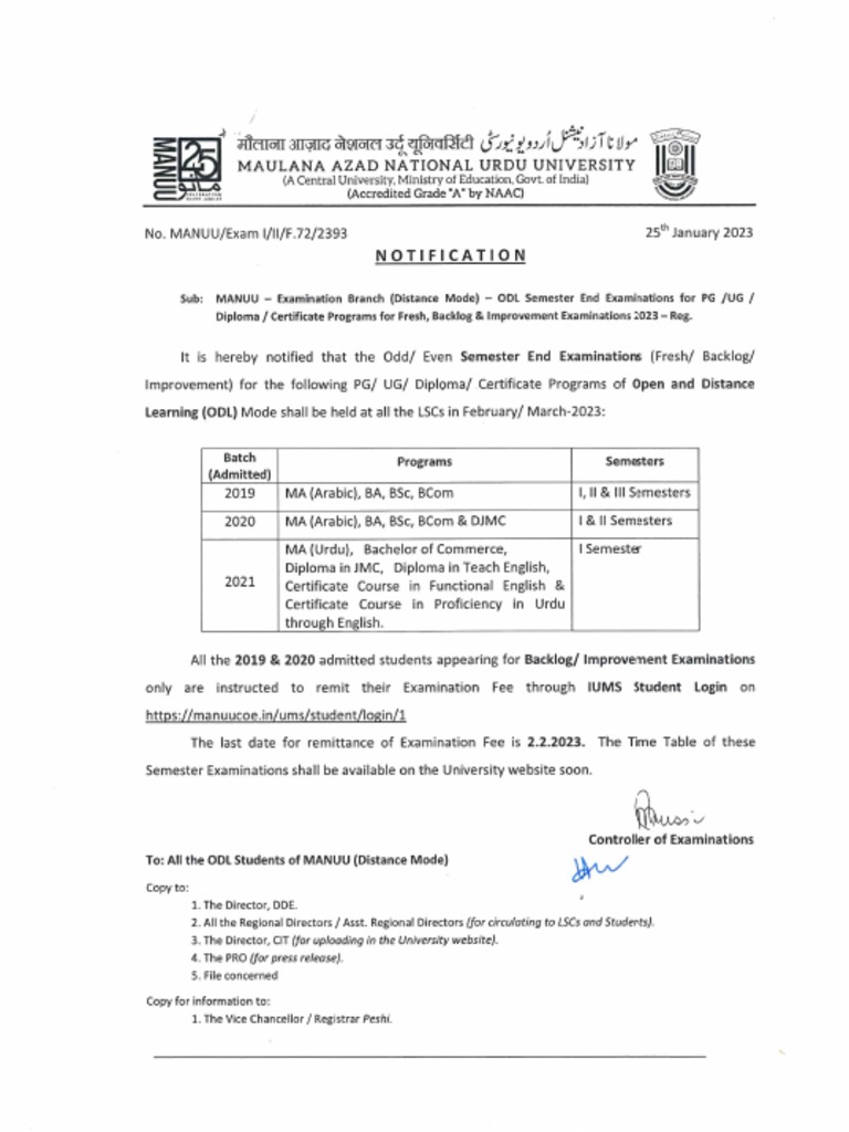 Semester Examinations Notification (ODL-Students) | PDF