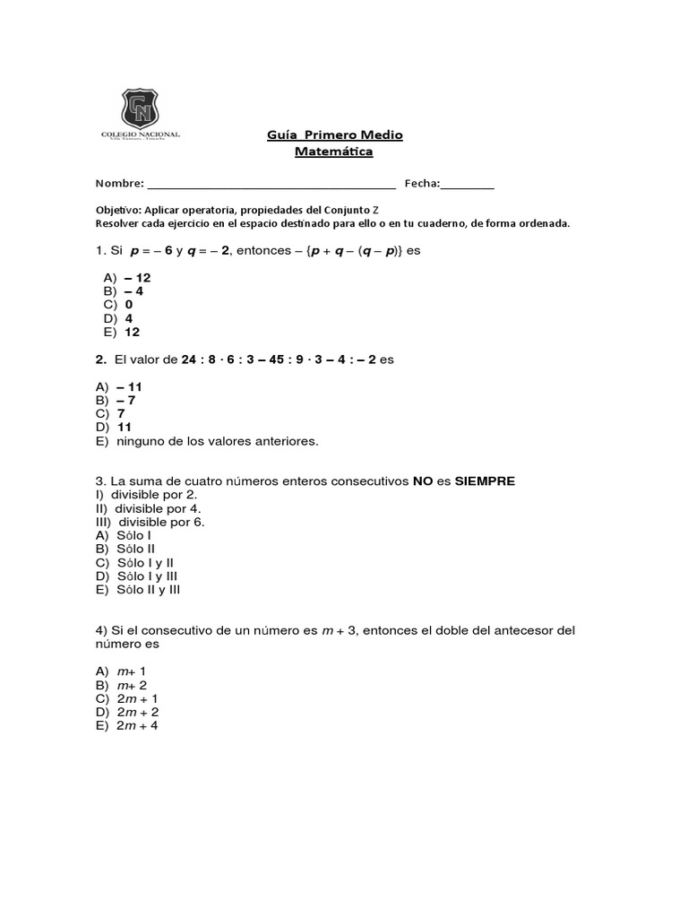 Guía N°1 1° Medio Números | PDF | Números | Multiplicación