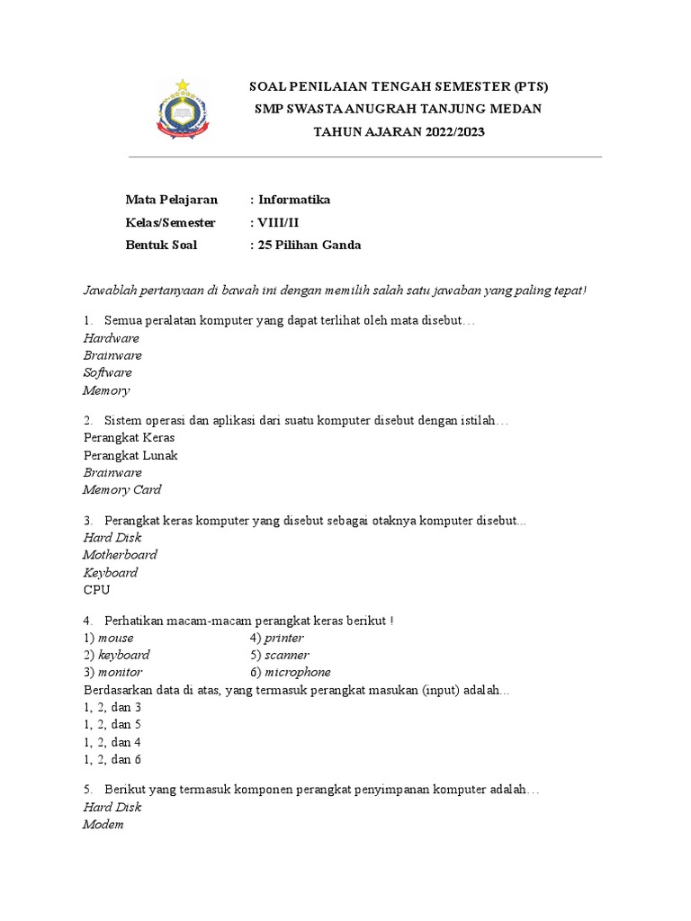 Soal PTS INF Kelas VIII PDF | PDF