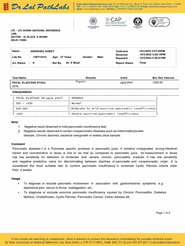 Stool Test Report PDF | Download Free PDF | Pancreas | Human Feces