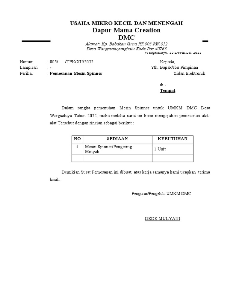 Pemesanan Mesin Spinner untuk UMKM DMC | PDF