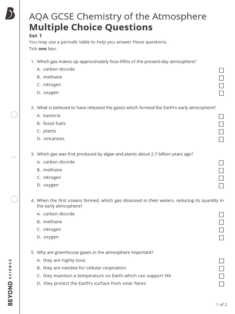 AQA GCSE Chemistry of The Atmosphere Multiple Choice Questions Set 1 ...