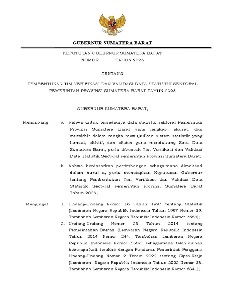 SK Gubernur Tim Validasi Data | PDF