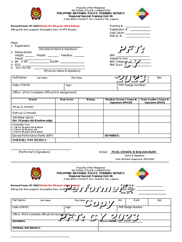 PNP Physical Fitness Test Form 2023 | PDF | Law Enforcement | Crime ...