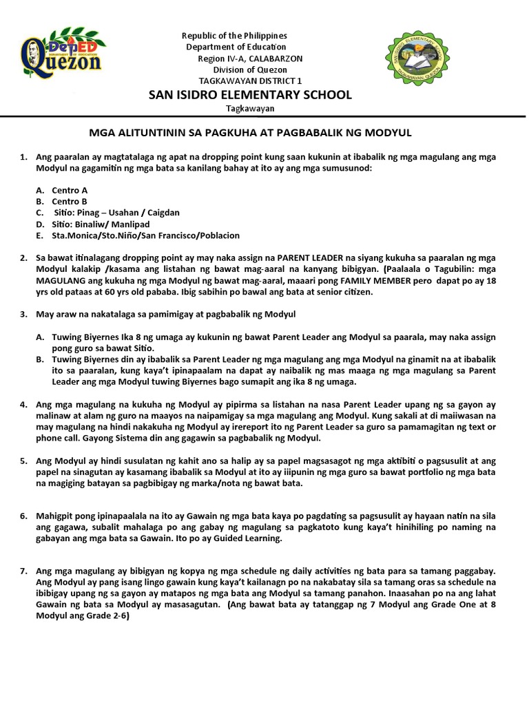 Bagong Silang Es Guidelnes On Delivery and Retrieval of Module Moa Safety Protocol in School | PDF