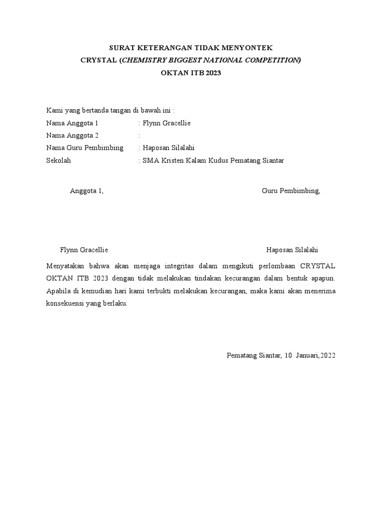 Surat Keterangan Tidak Menyontek | PDF