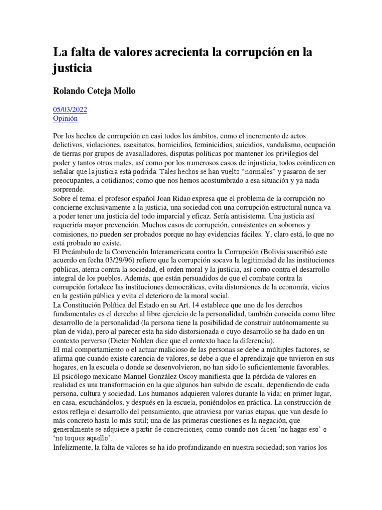 La Falta de Valores Acrecienta La Corrupción en La Justicia | PDF ...