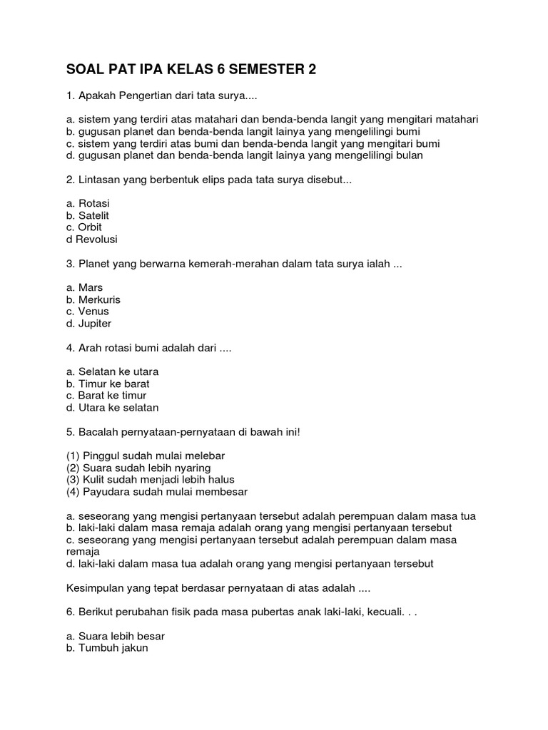 Soal Pat Ipa Kelas 6 Semester 2 | PDF