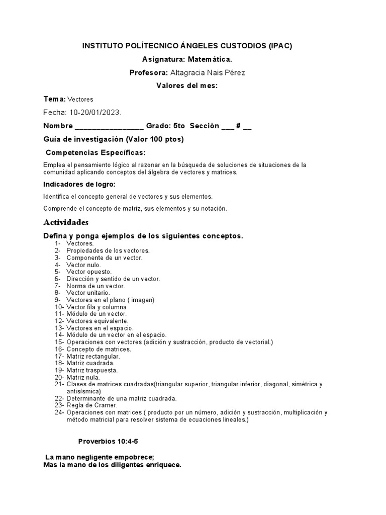 Guìa de 5to Vectores y Matrices | PDF