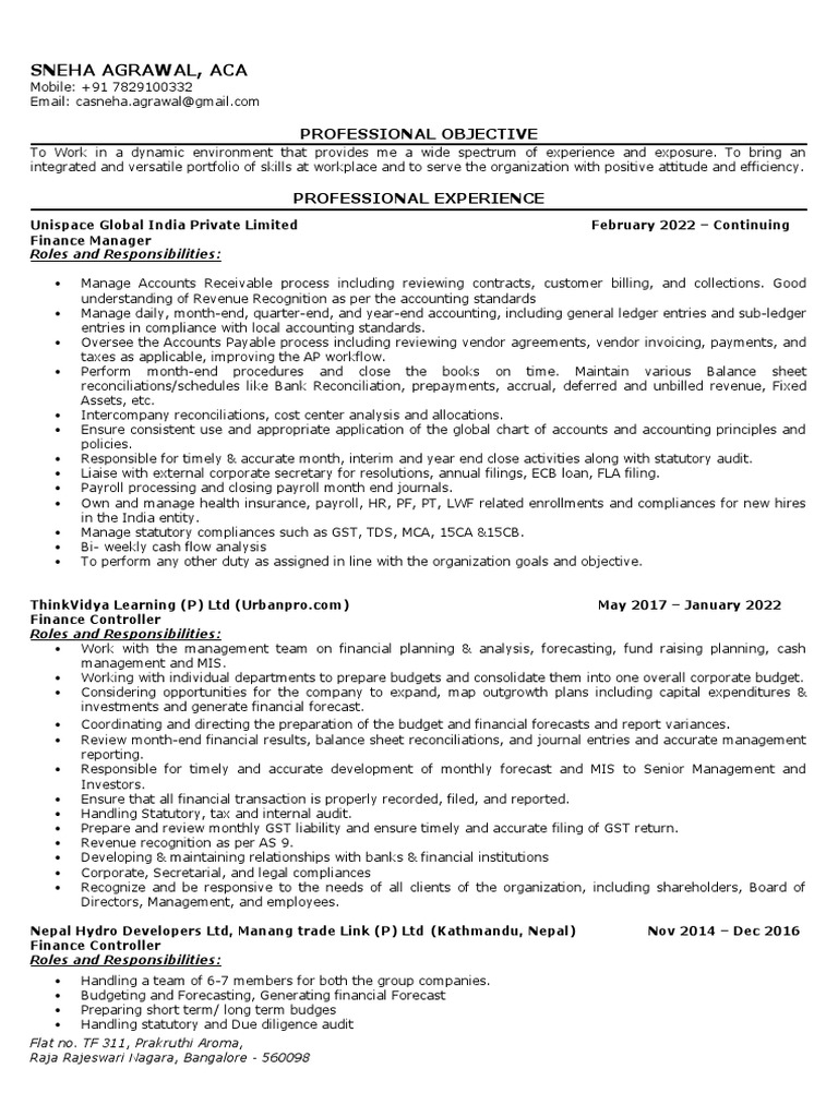 Sneha Agrawal: Finance Manager Resume | PDF | Audit | Accounts Payable