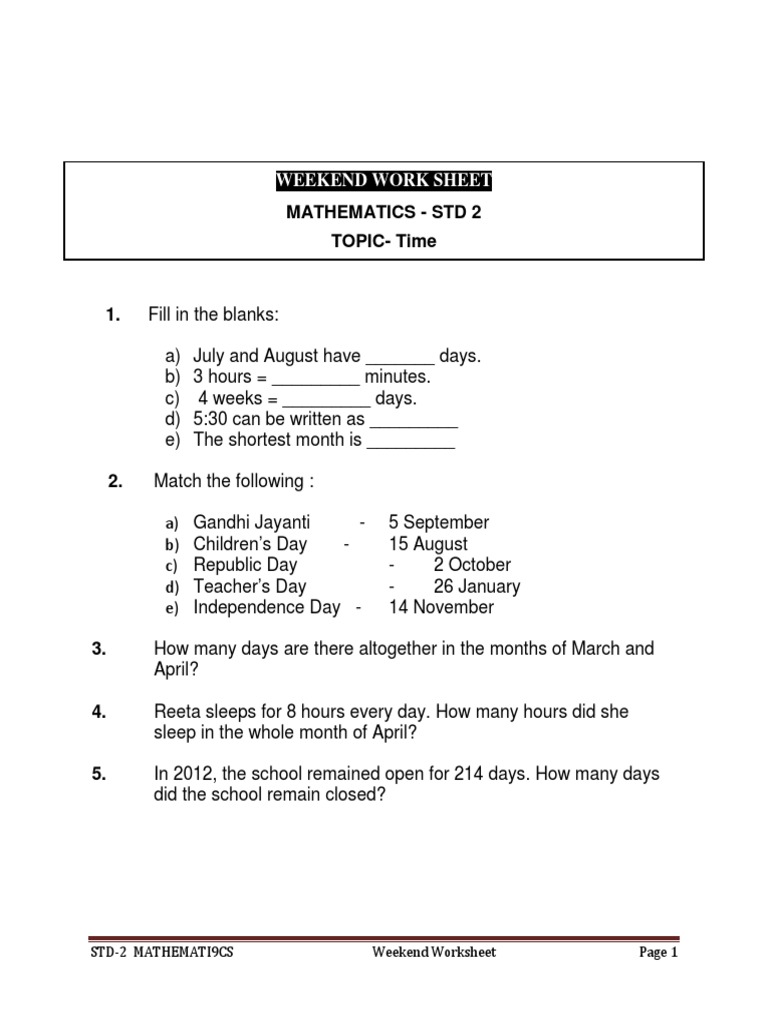 CBSE Class 2 Maths Practice Worksheets (157) - Time | PDF | Teaching ...