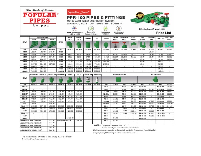 PPR 100 Pipes and Fittings Updated Price List 07 March 2023 | PDF ...