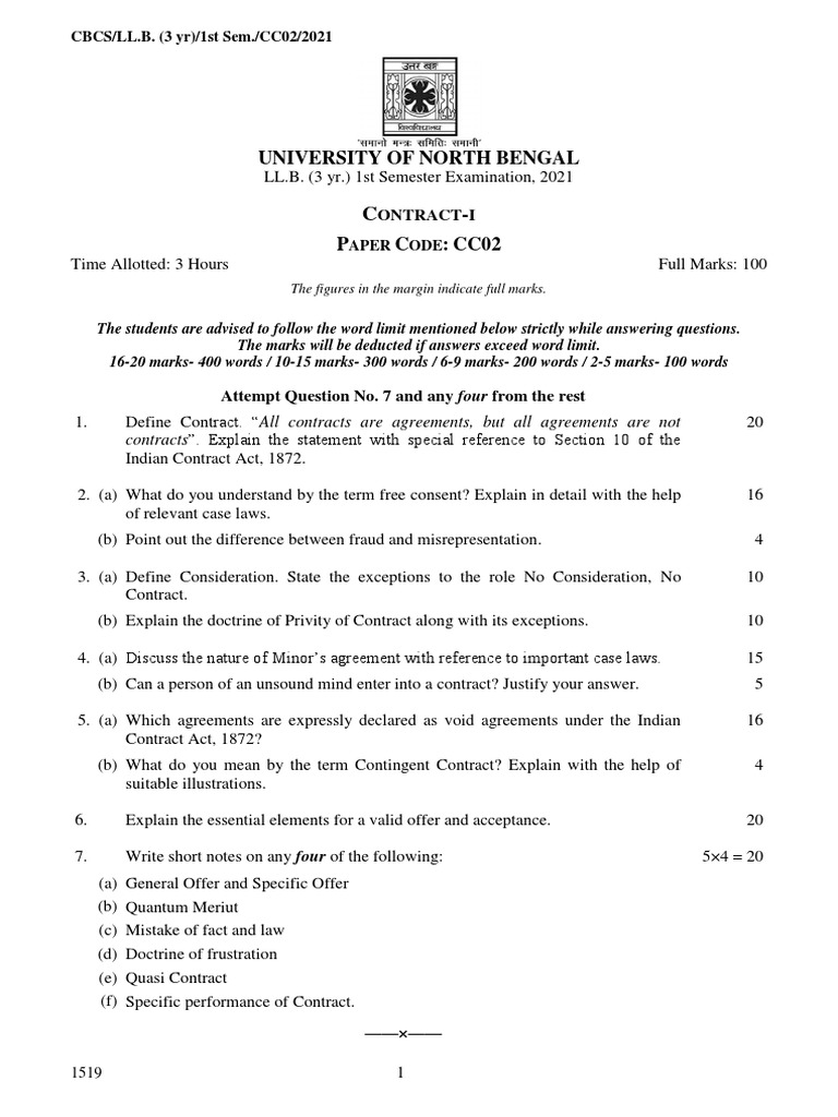 Contract Law Exam Paper 2021 | PDF | Contract Law | Legal Ethics