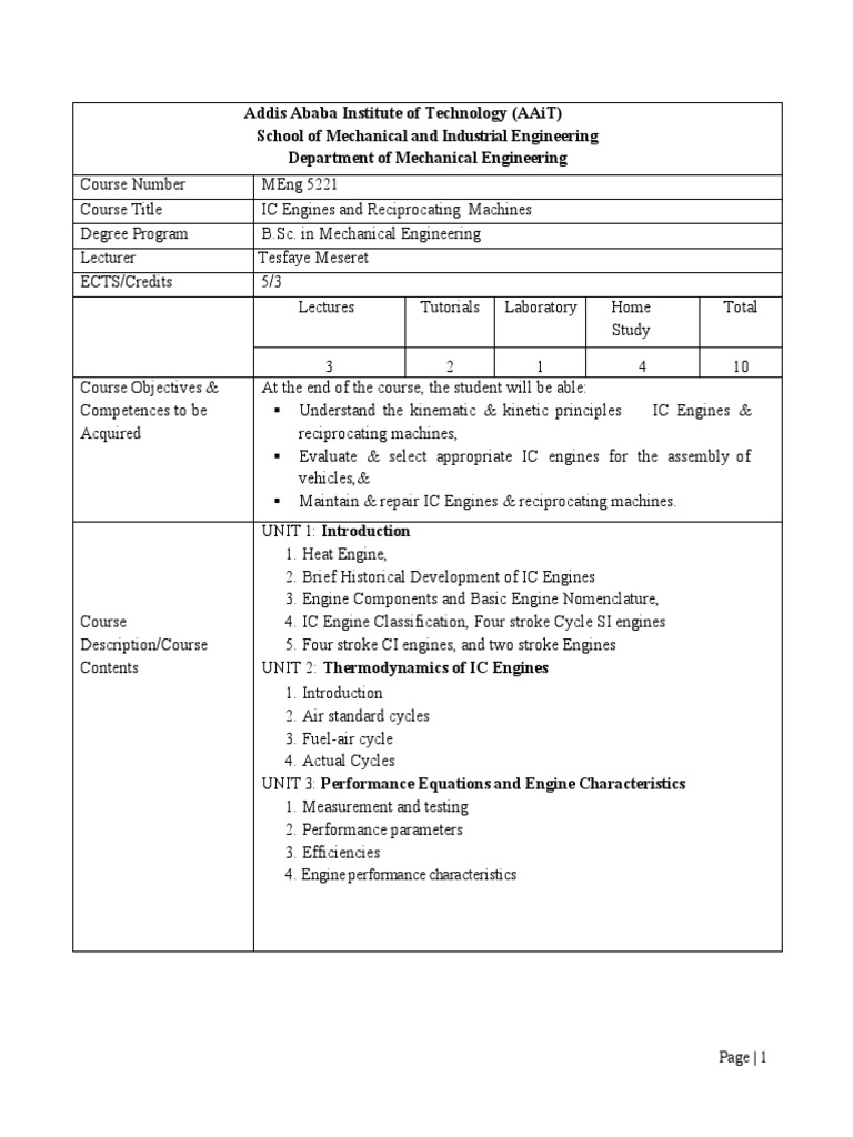 AAiT IC Engine and Reciprocating Machines Course Outline PDF | PDF | Engines | Internal ...