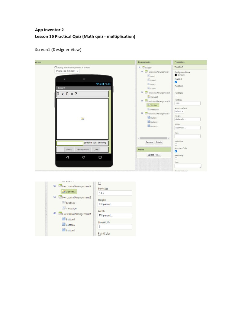 Screen1 (Designer View) : App Inventor 2 Lesson 16 Practical Quiz (Math ...