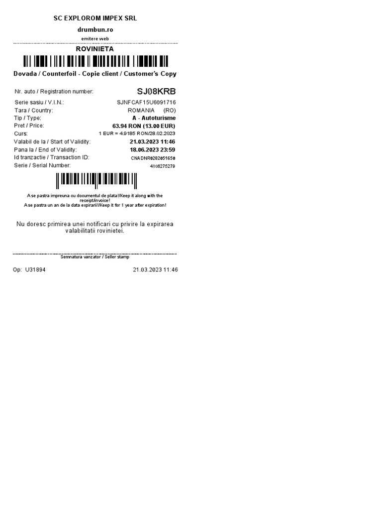 Romanian Vehicle Toll Receipt | PDF