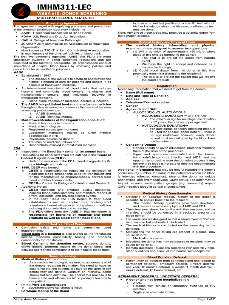 IMHM WK 10 Donor Screening 2 PDF | PDF | Blood Donation | Blood Transfusion