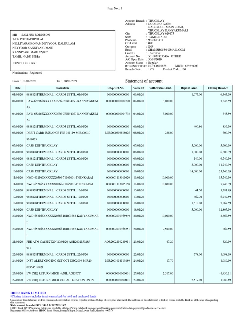 Statement of Account: Date Narration Chq./Ref - No. Value DT Withdrawal Amt. Deposit Amt ...